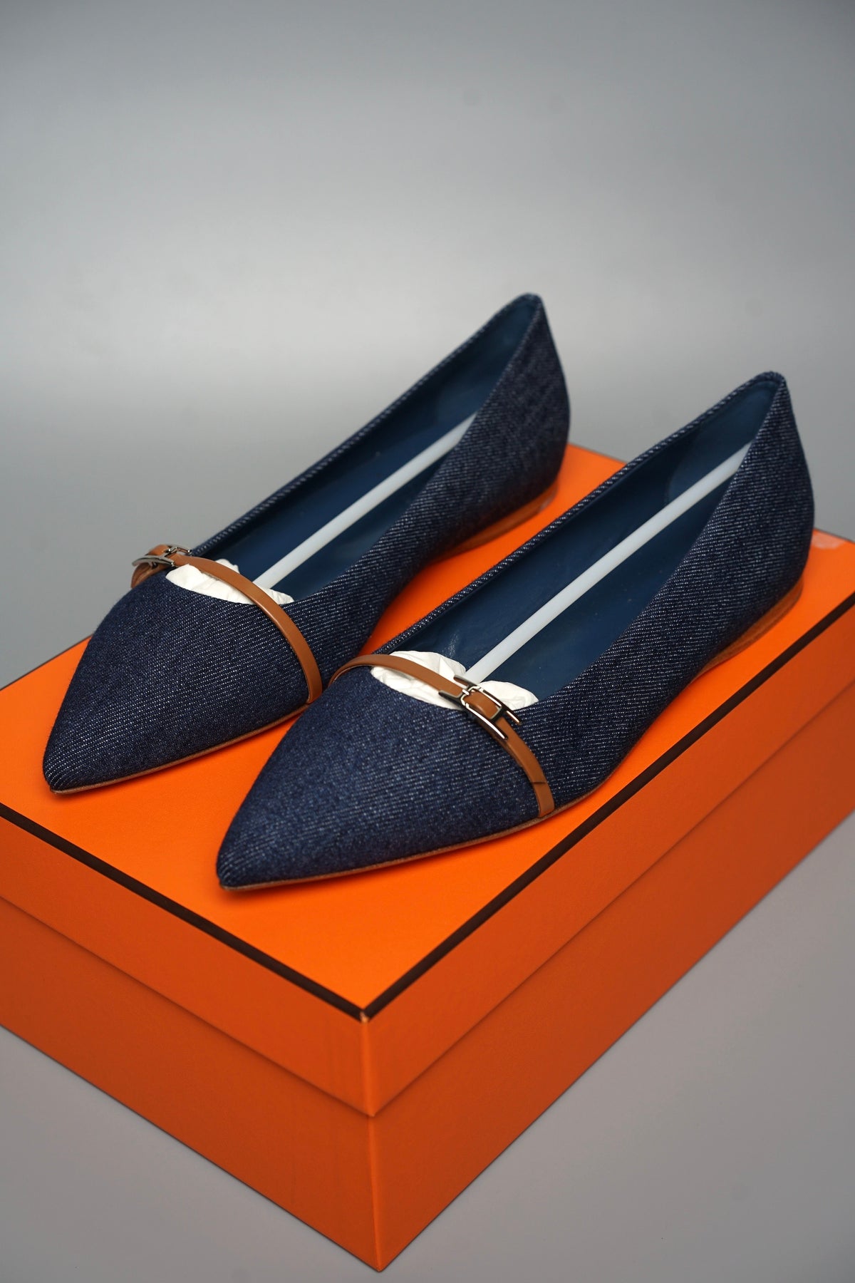 Hermes Ballerine Laura Jean in Veau Bleu Moyen/Palissandre Size 39 (Br ...