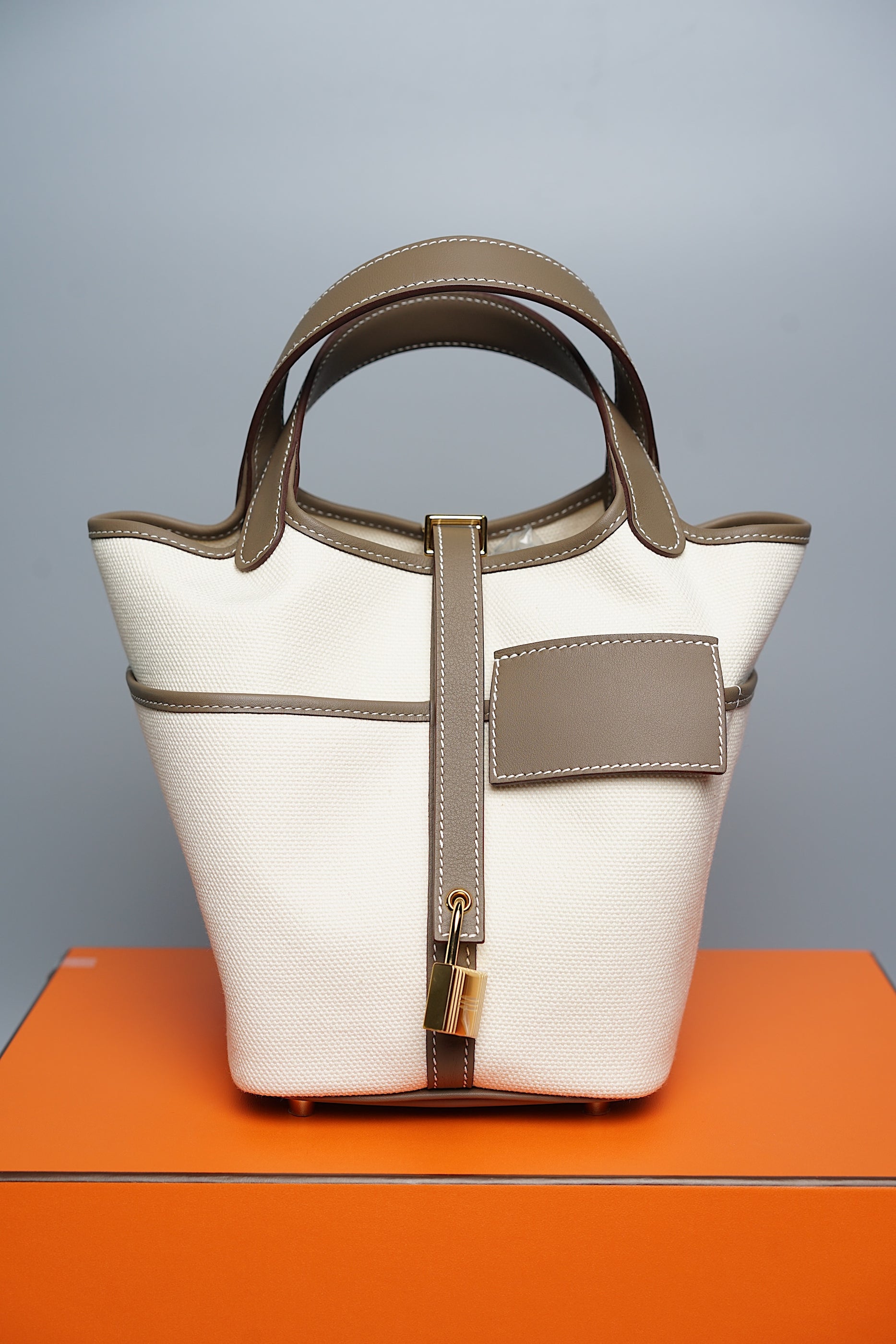 Hermes Picotin 18 Cargo in Ecru/Etoupe Ghw (Brand New)– orange porter